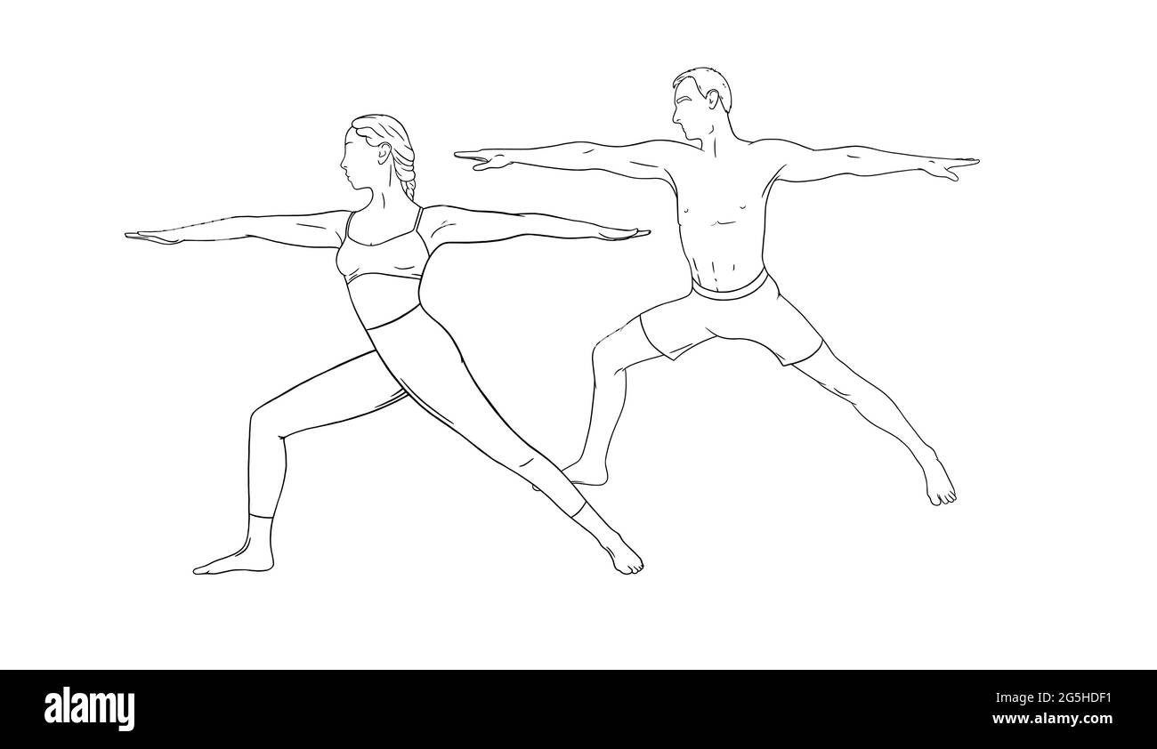Yoga warrior asana or virabhadrasana I. Woman and man couple practicing ...