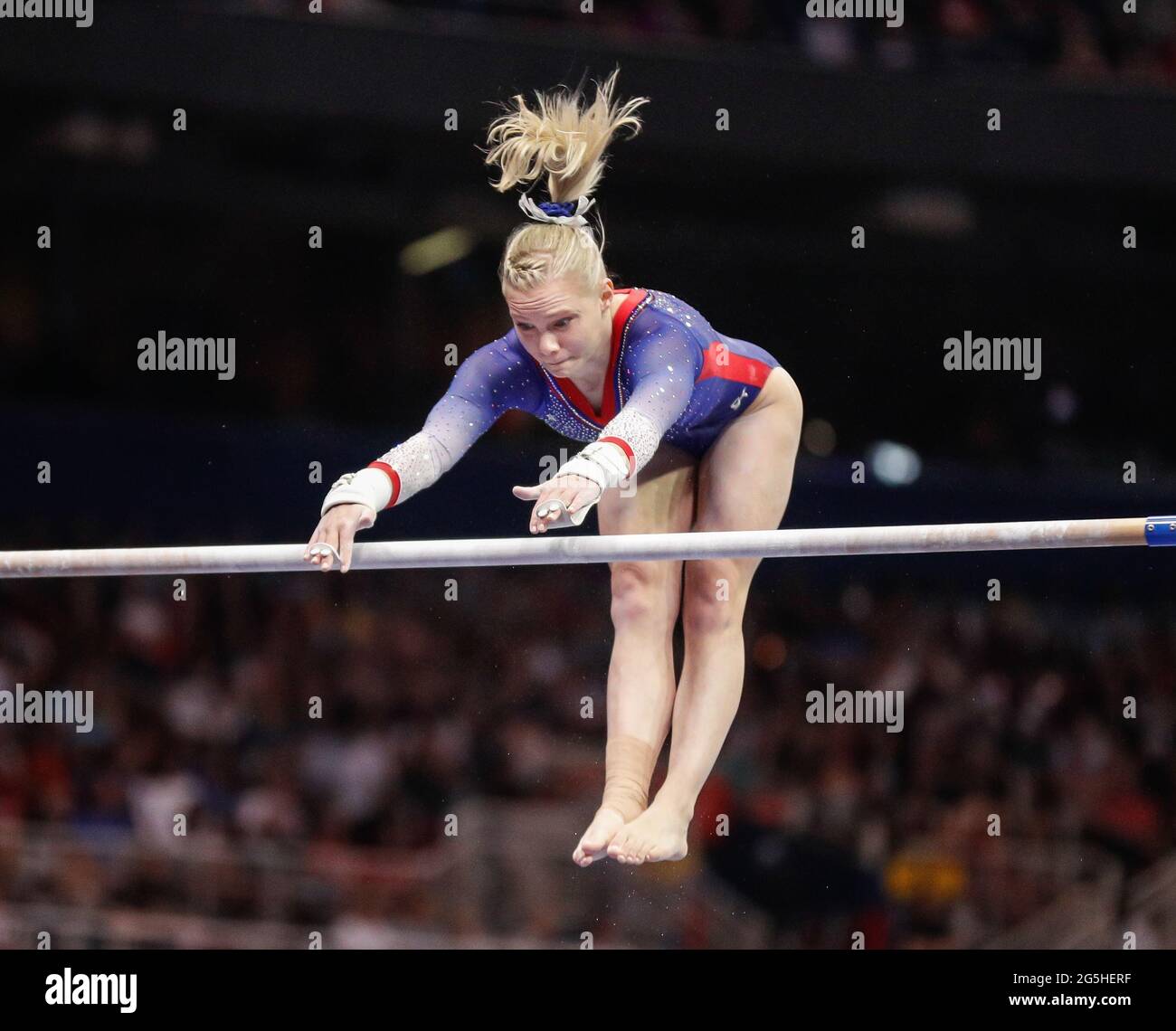 St Louis, USA. June 27, 2021: Jade Carey performs on the bars during ...