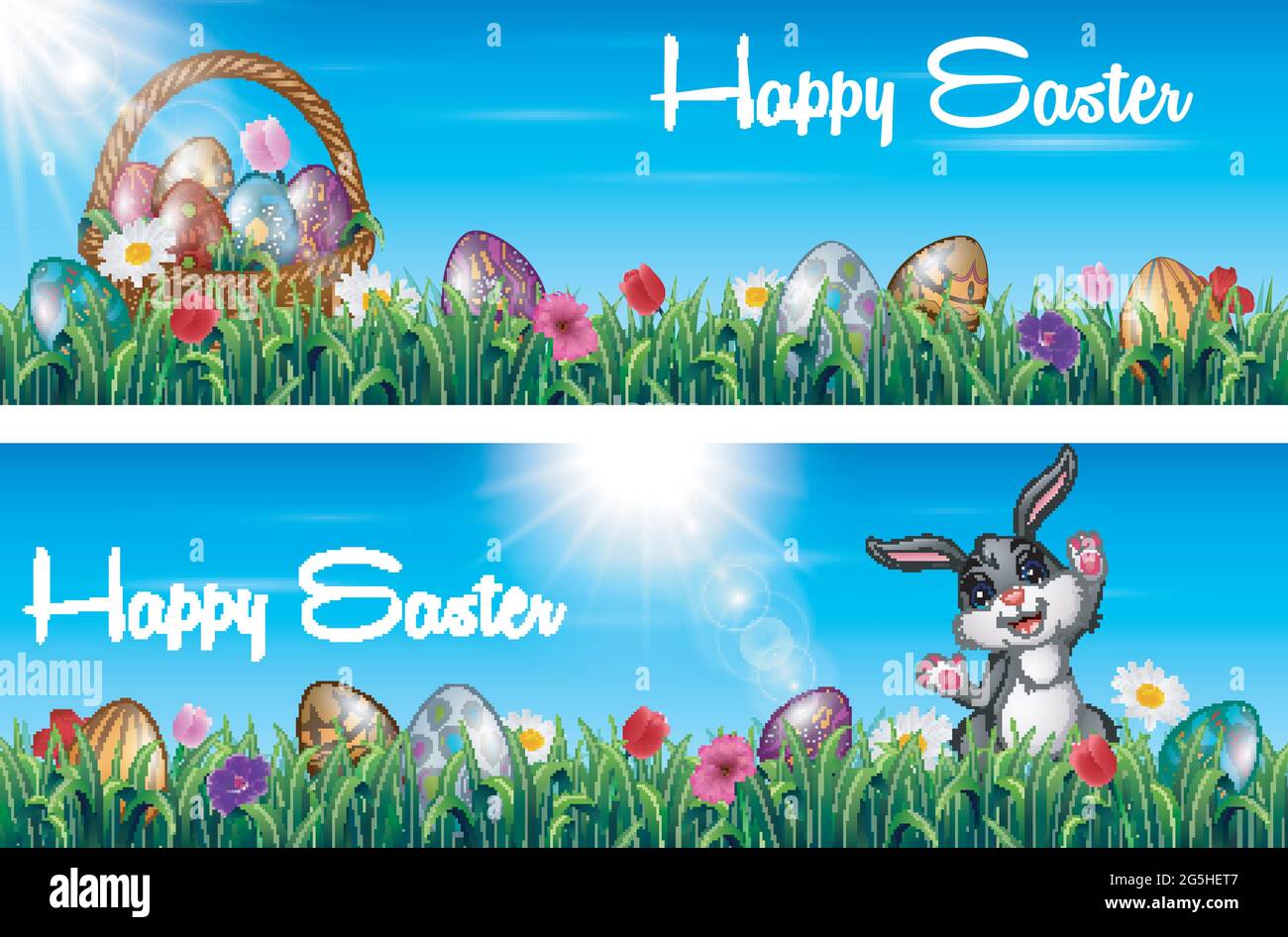 Easter two banner set with basket full of Easter eggs and rabbit in a ...