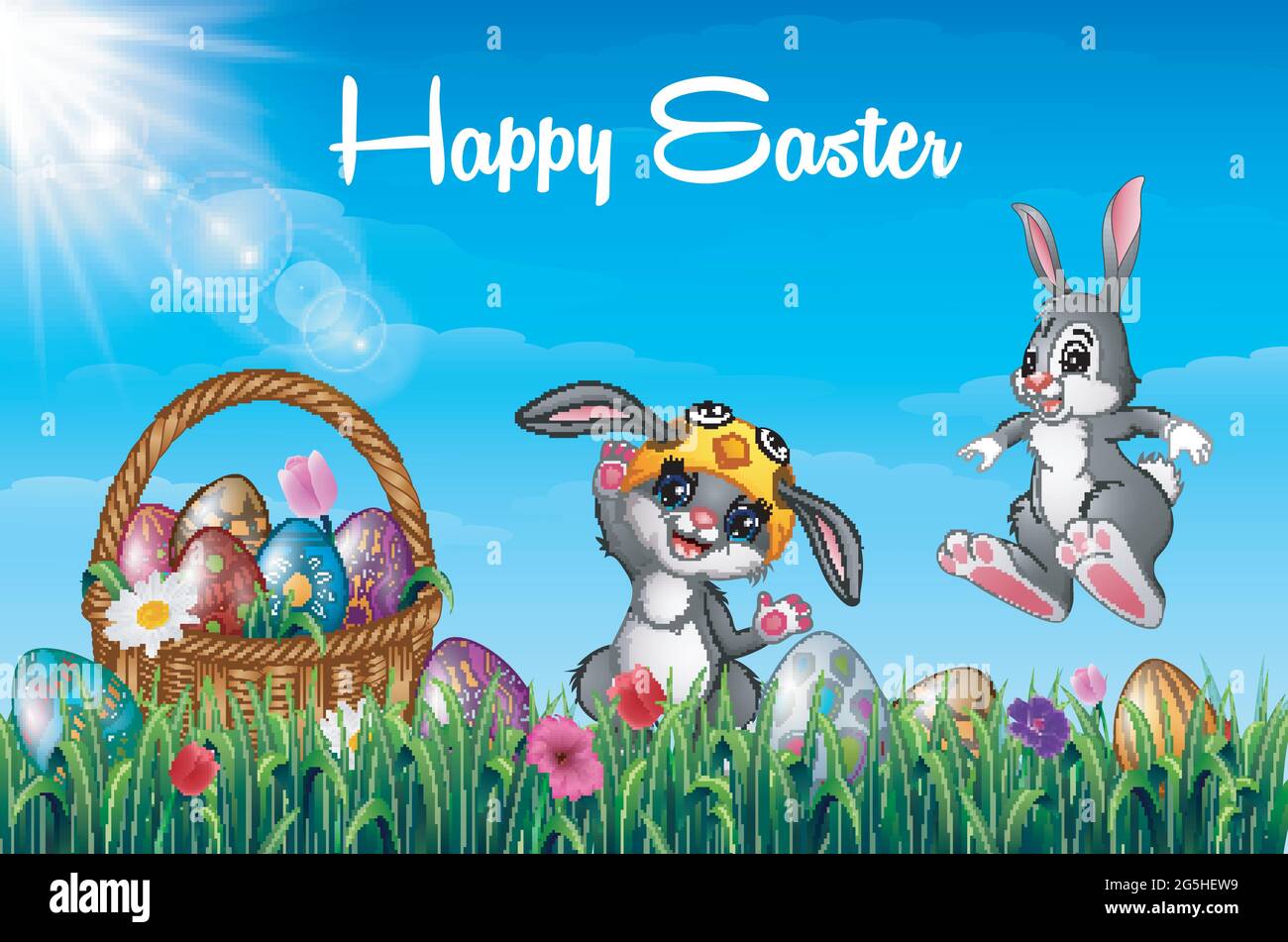 Cartoon two happy bunnies with Easter basket full of decorated Easter ...
