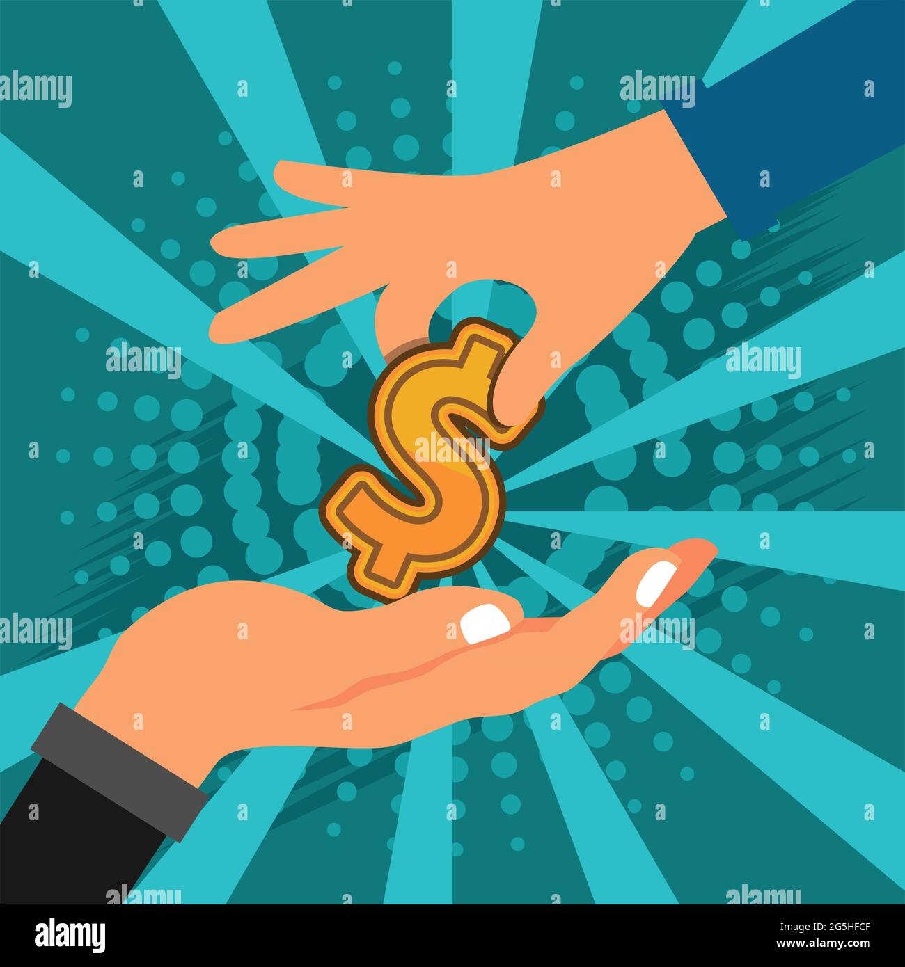 Human hand gives money to another person on green background. Flat ...