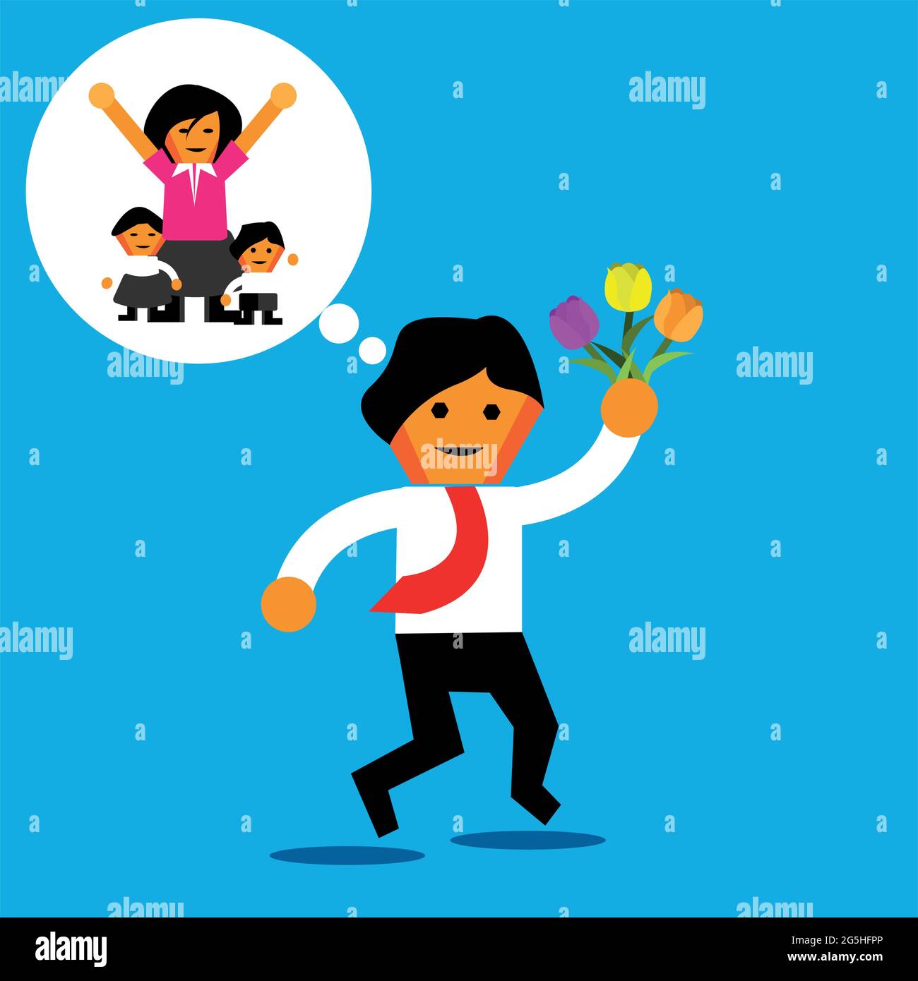 Office Worker come home bring flowers for his family. flat design Stock ...
