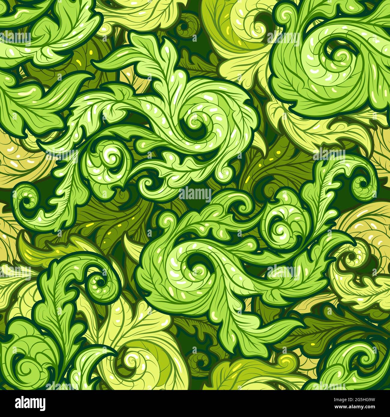 Seamless pattern with green floral swirls drawn in cartoon style. Vector illustration Stock ...