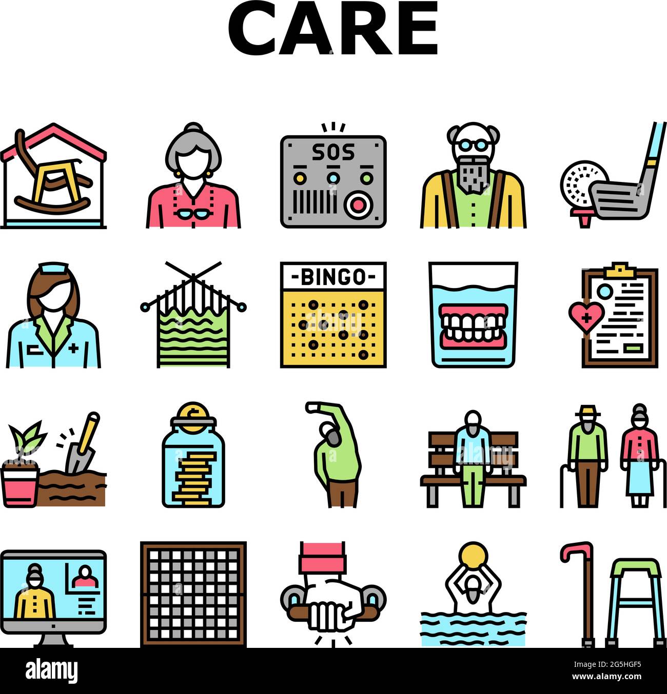 Elderly People Care Collection Icons Set Vector Stock Vector Image ...