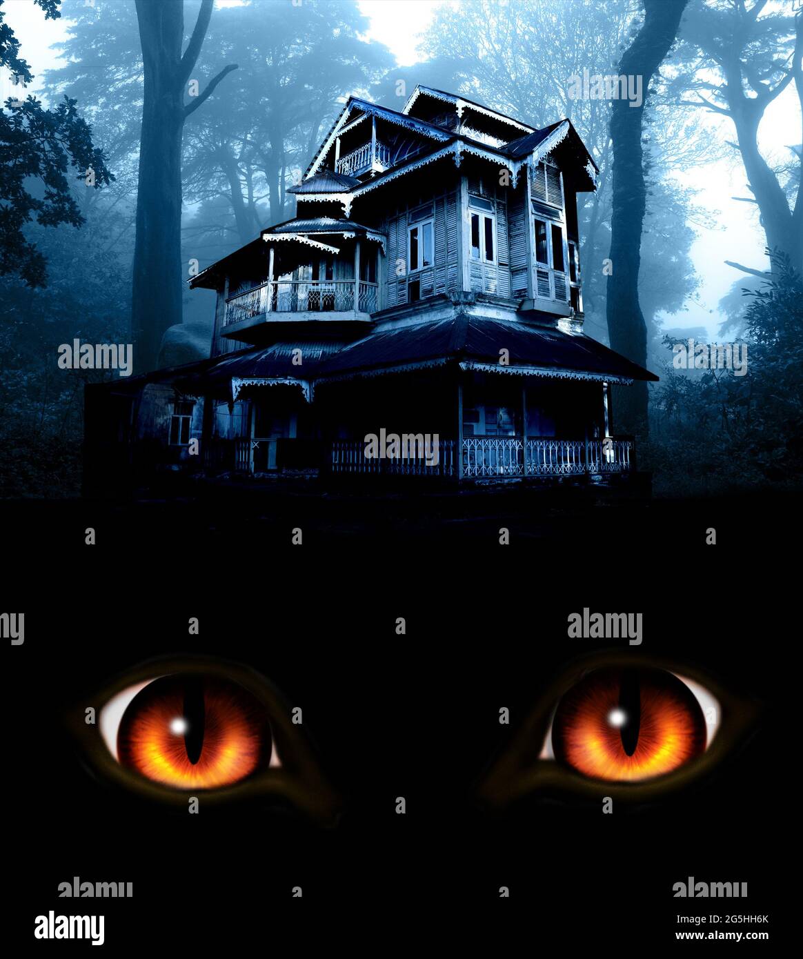 Haunted house in night forest. Old abandoned house and burning red ...