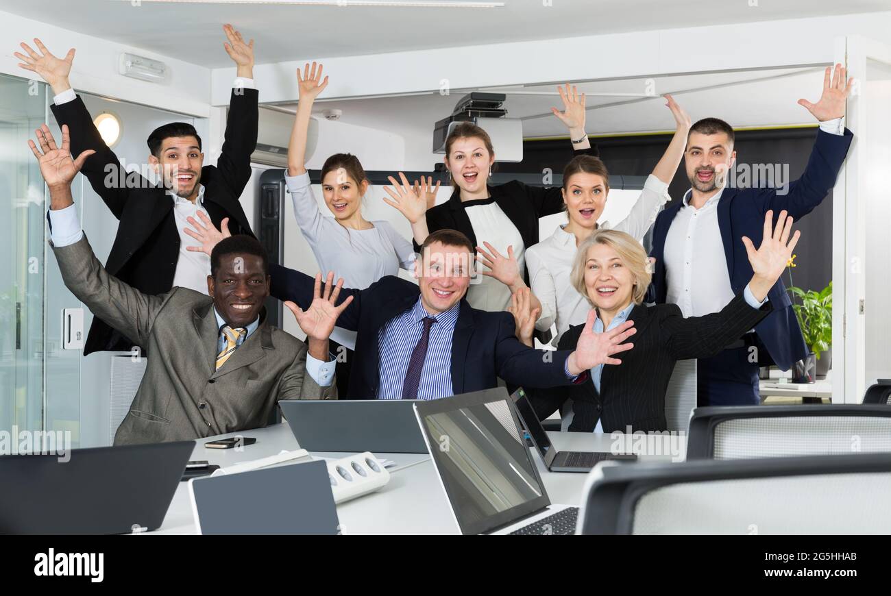 fellow workers celebrating victory Stock Photo - Alamy