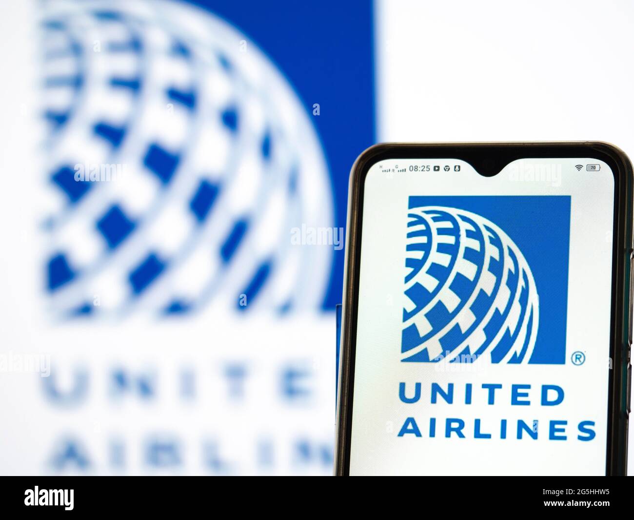 In this photo illustration an United Airlines, Inc. logo seen displayed ...