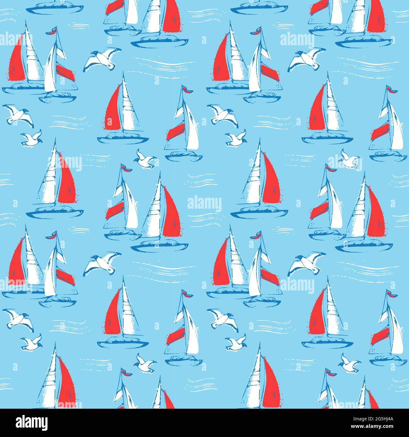 Nautical seamless pattern with sail boats and seagulls. Sea background ...