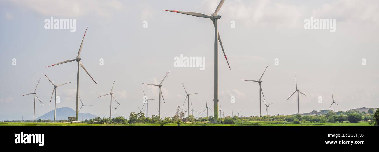 Wind power plant. green meadow with Wind turbines generating ...