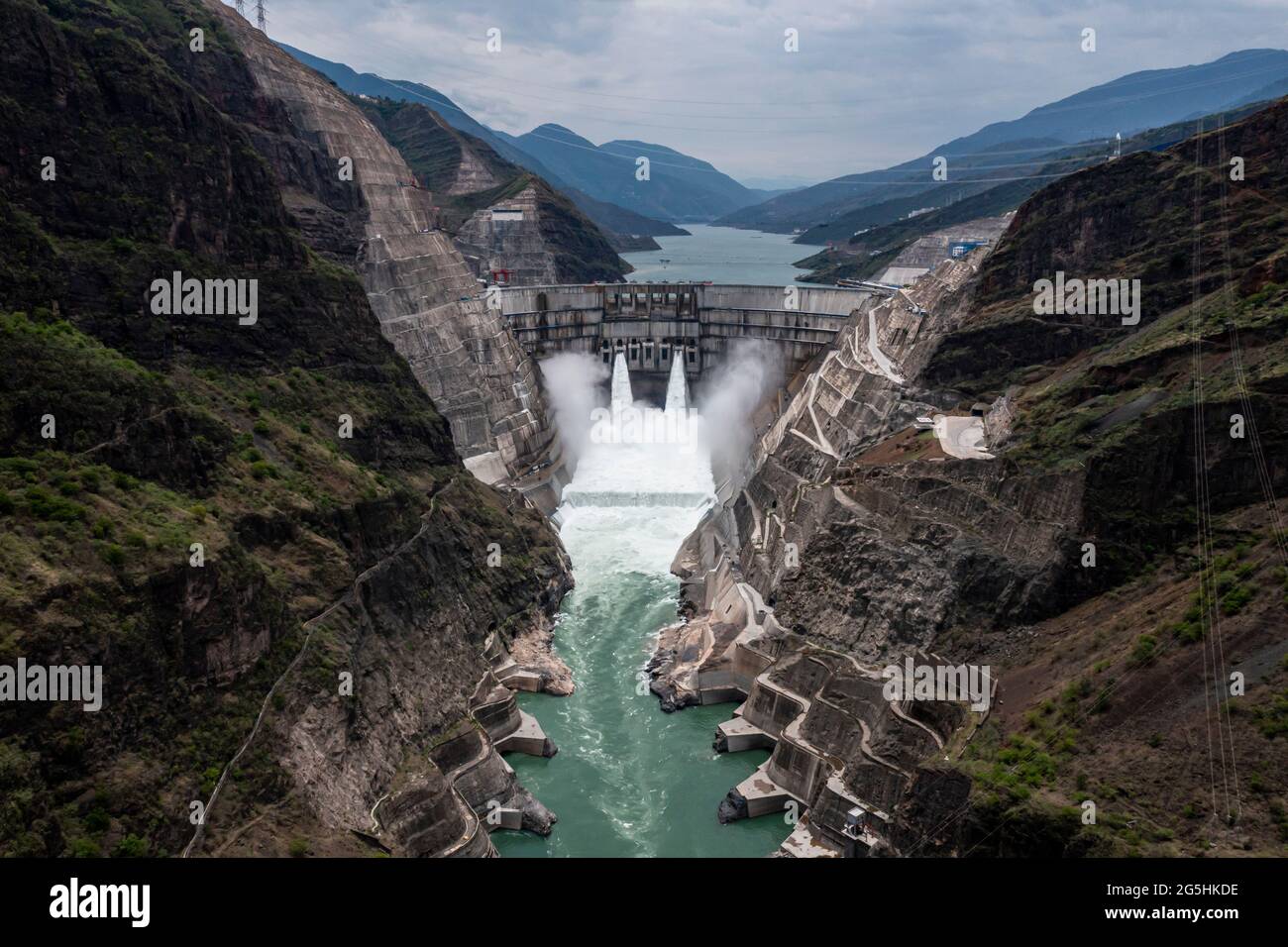 Qiaojia. 27th June, 2021. Aerial photo taken on June 27, 2021 shows ...