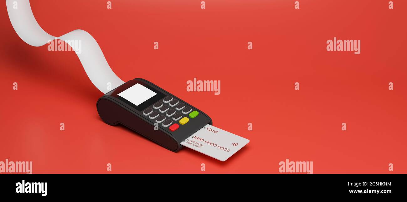 Payment terminal with credit card and receipt isolated on red ...