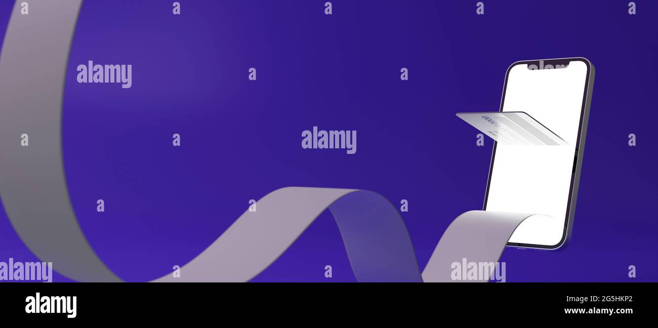 Smartphone with credit card and receipt floating from mock-up screen ...