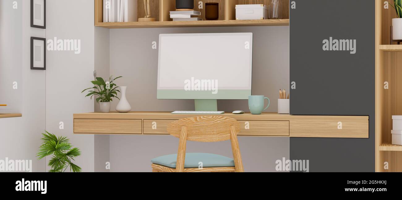 Cozy home office room with computer desk, bookshelf and decorations, 3D ...