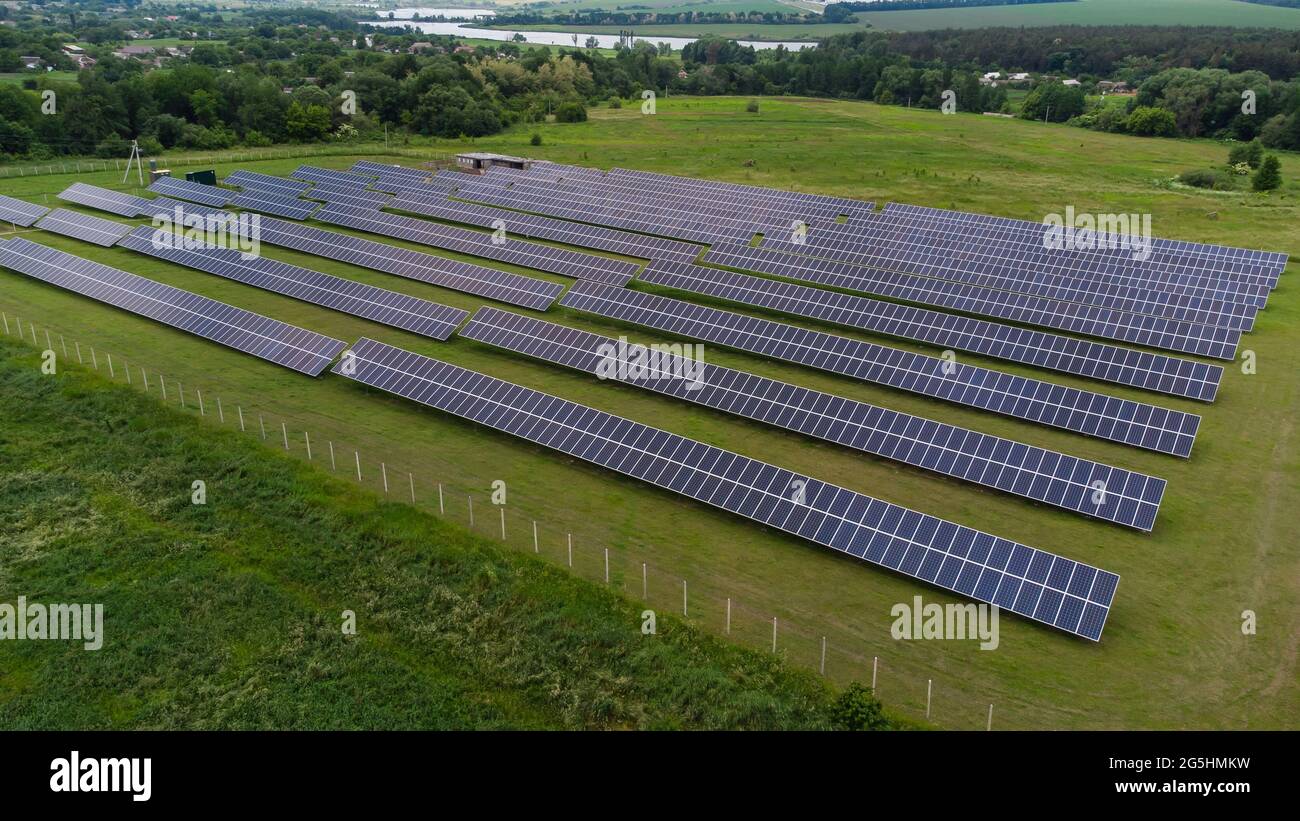 Aerial view of Solar Panels Farm solar cell with sunlight. Drone flight ...