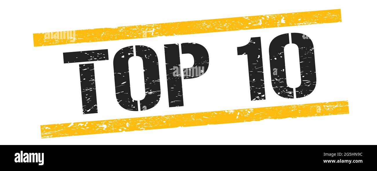 TOP 10 text on black yellow grungy lines stamp sign Stock Photo - Alamy