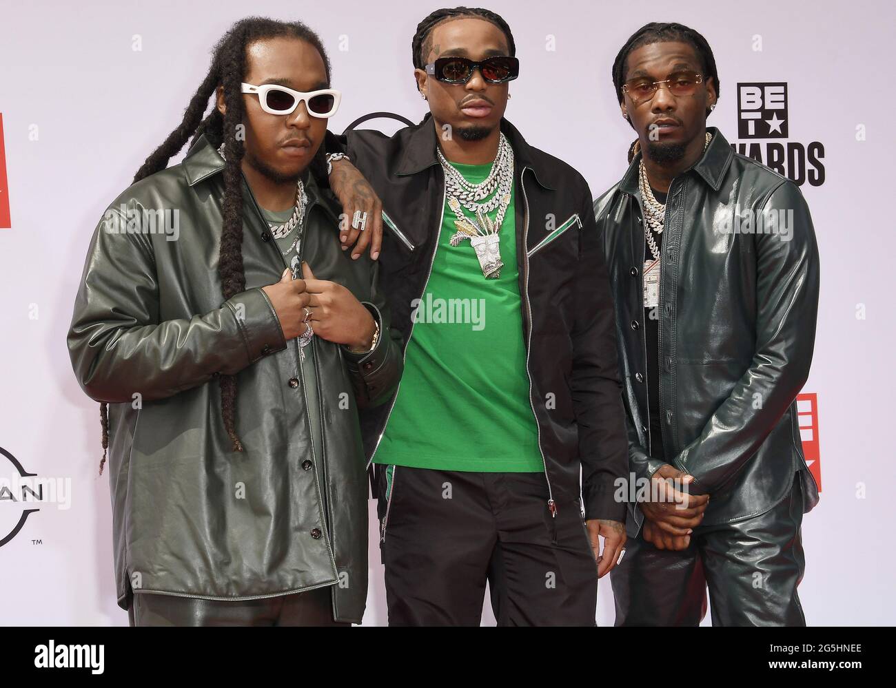 (L-R) Migos - Takeoff, Quavo and Offset arrives at the BET Awards 2021 ...