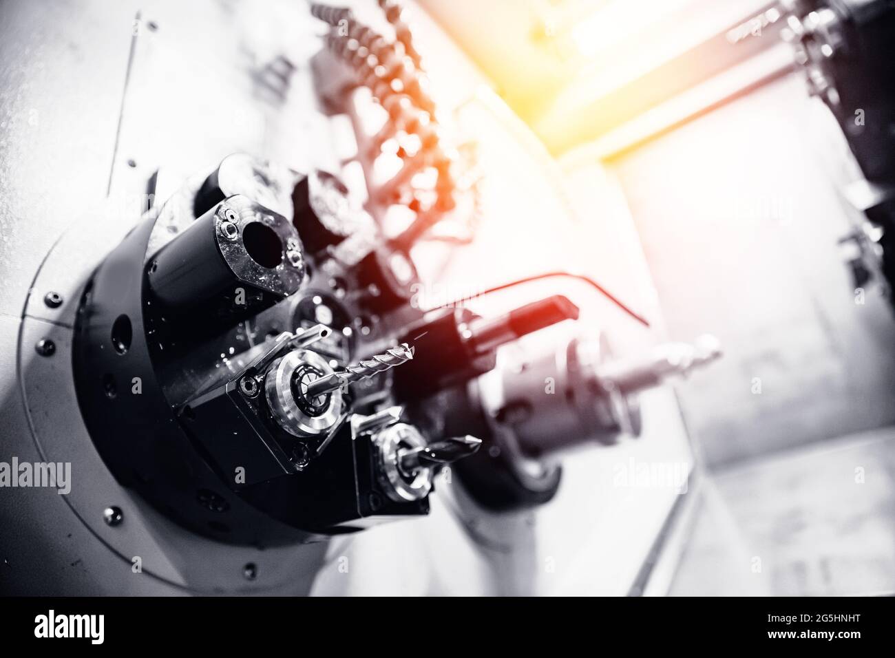 CNC turning with drill milling factory processes steel billet. Banner ...