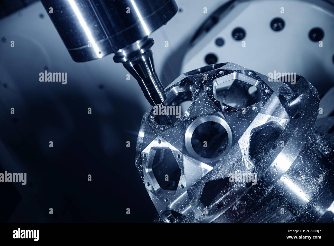 Cnc steel milling process with metal chips, industry factory background ...