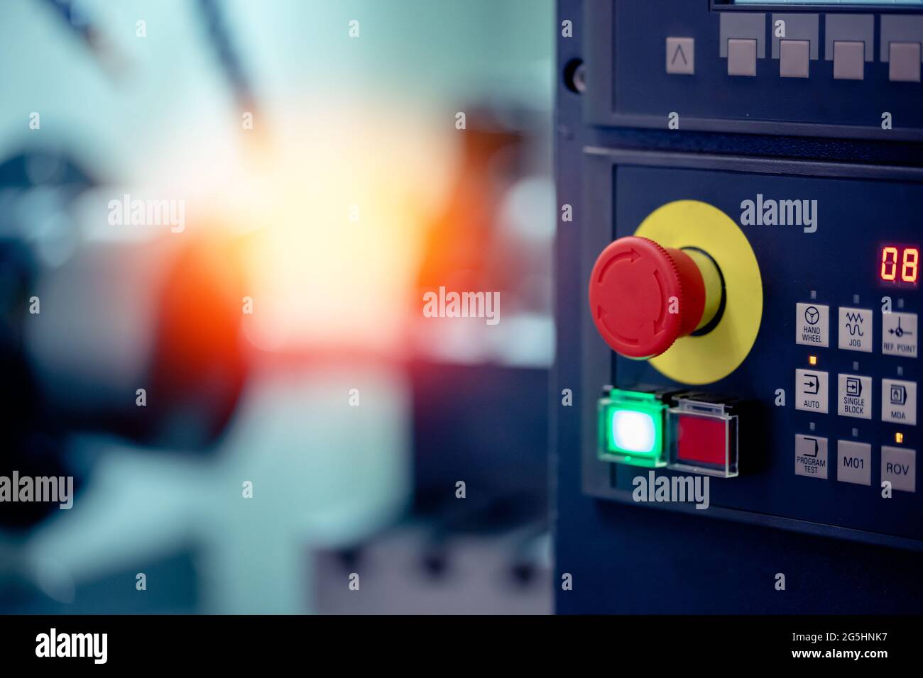 Red button of control panel CNC Alarm on automatic metal processing ...