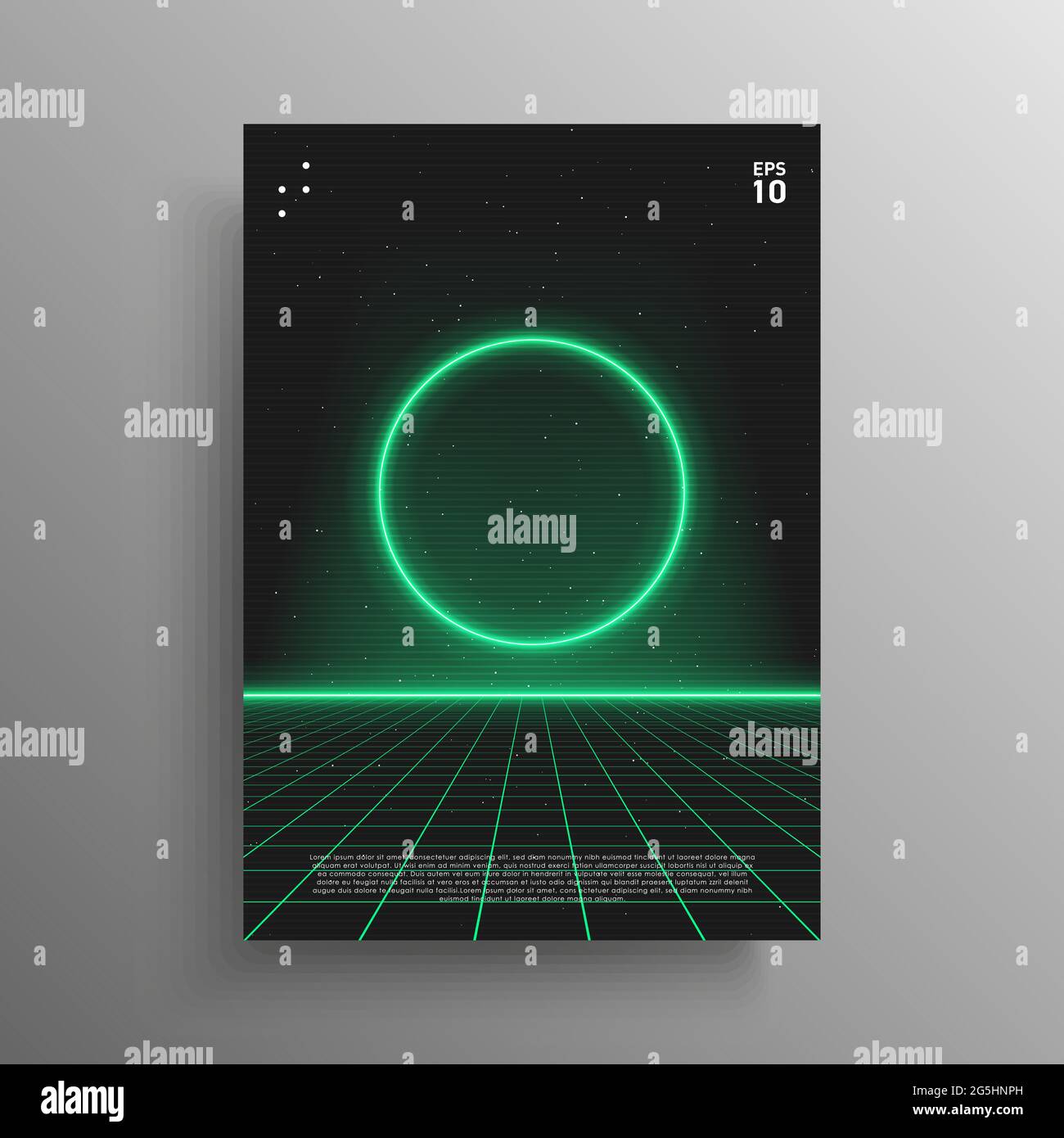 Synthwave poster. Glowing circle shape with laser perspective grid in ...