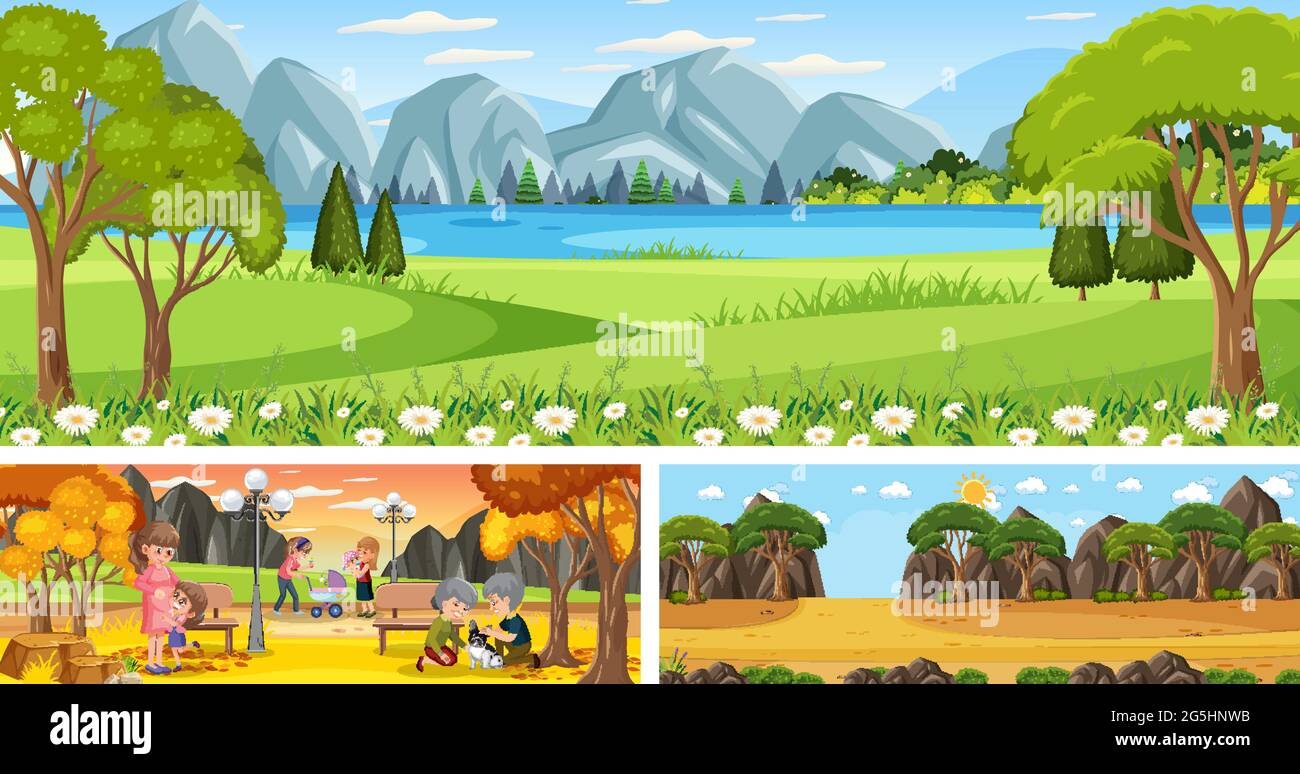 Set of different outdoor panoramic landscape scenes with cartoon ...