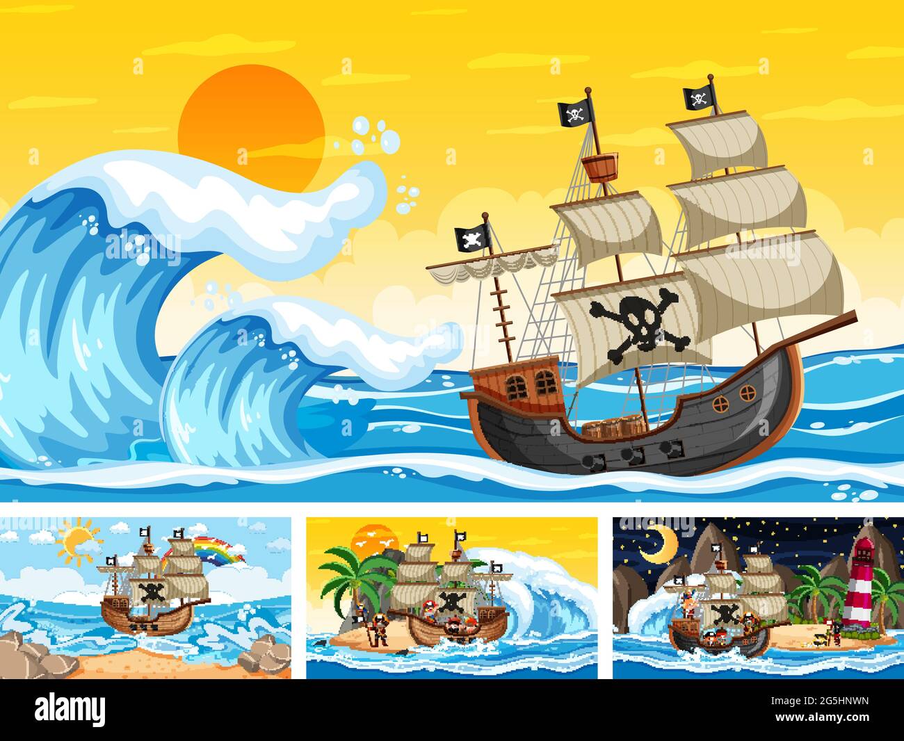 Set of different beach scenes with pirate ship and pirate cartoon ...