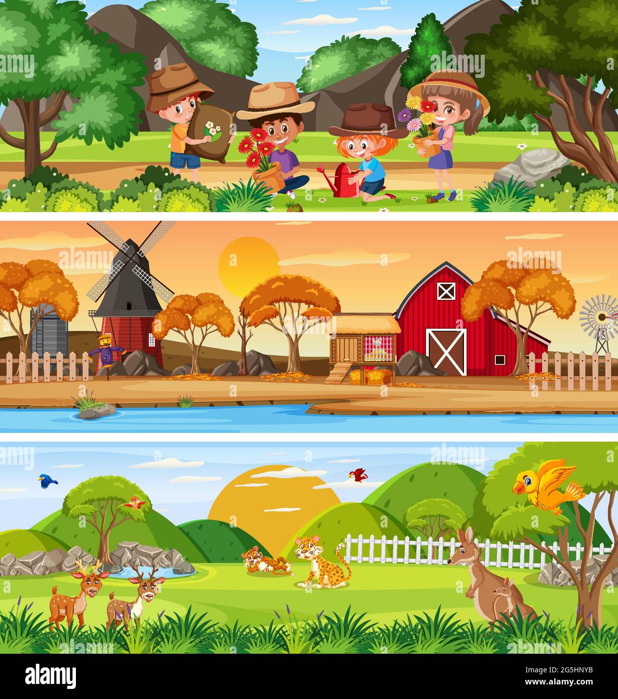 Different nature landscape at daytime scene with cartoon character ...