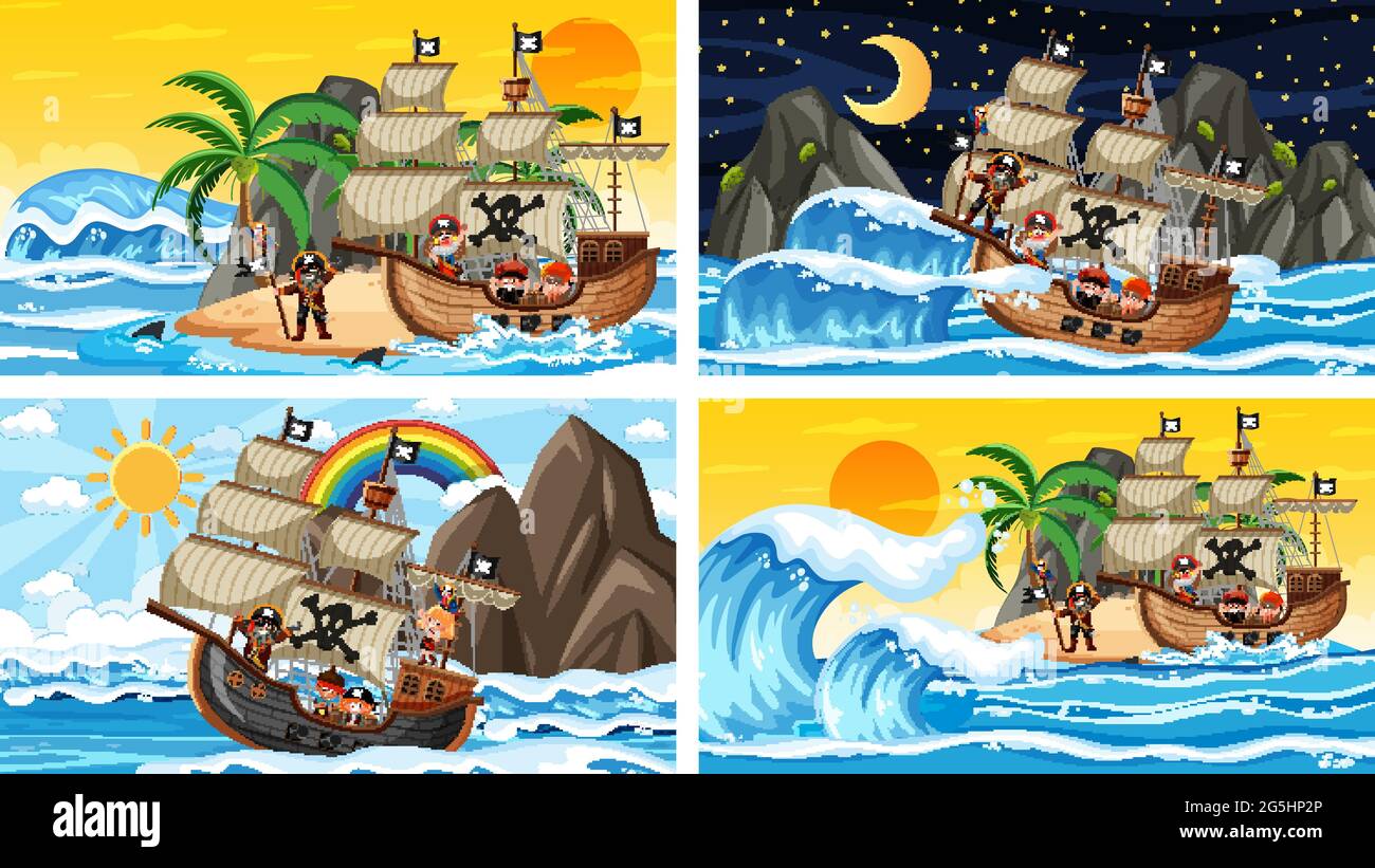 Set of different beach scenes with pirate ship illustration Stock ...