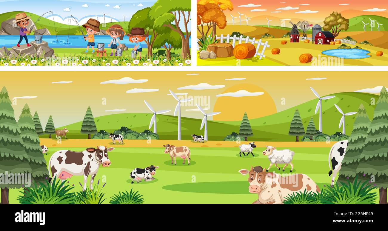 Set of different outdoor panoramic landscape scenes with cartoon ...