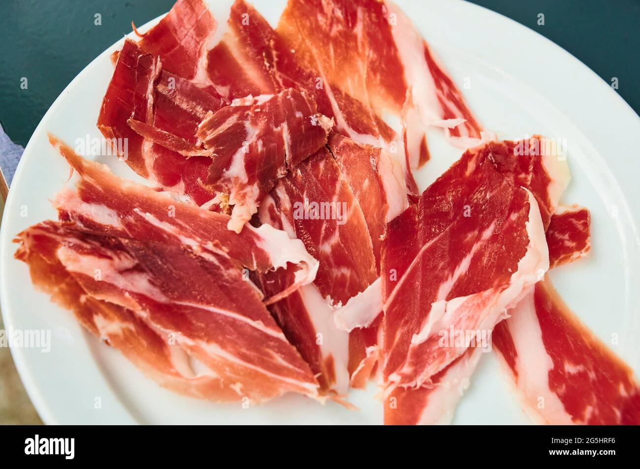 View of the plate of sliced iberico ham ready for eat in the catering ...