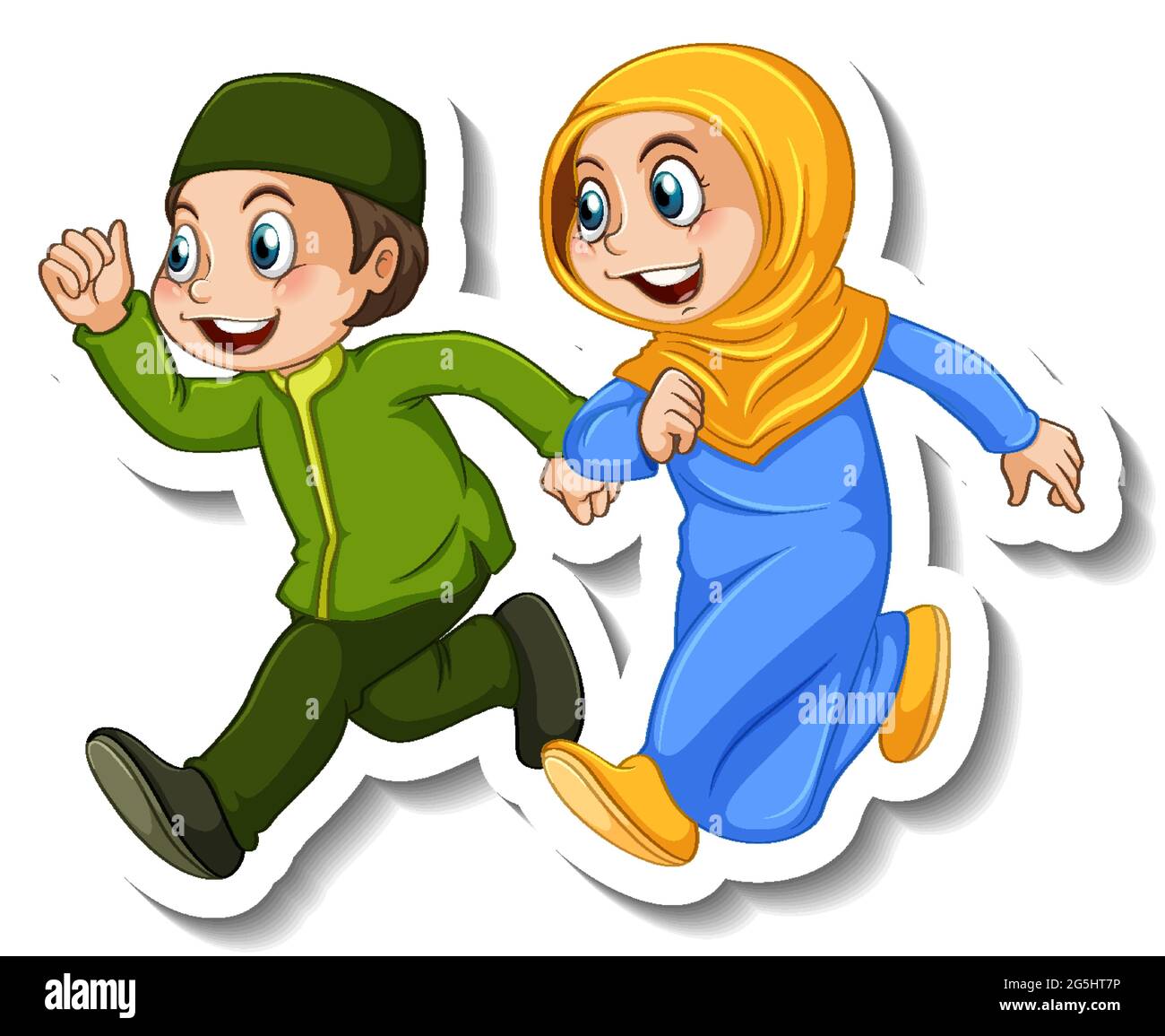 Sticker template with couple of muslim kids cartoon character isolated ...