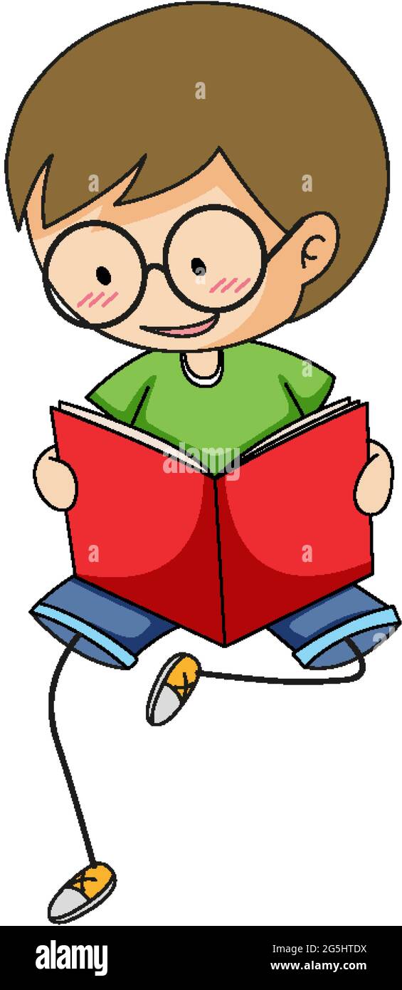 A doodle kid reading a book cartoon character isolated illustration ...