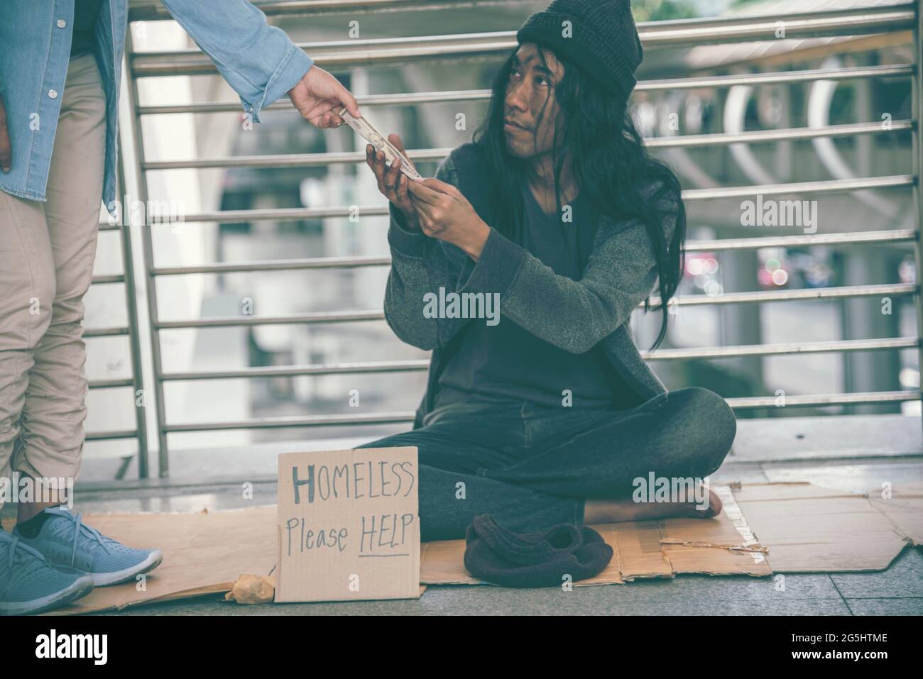 Poor homeless man begging street money alone homeless hi-res stock ...