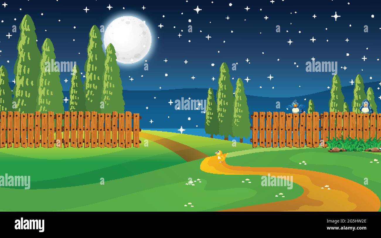 Blank nature park landscape scene at night time illustration Stock ...