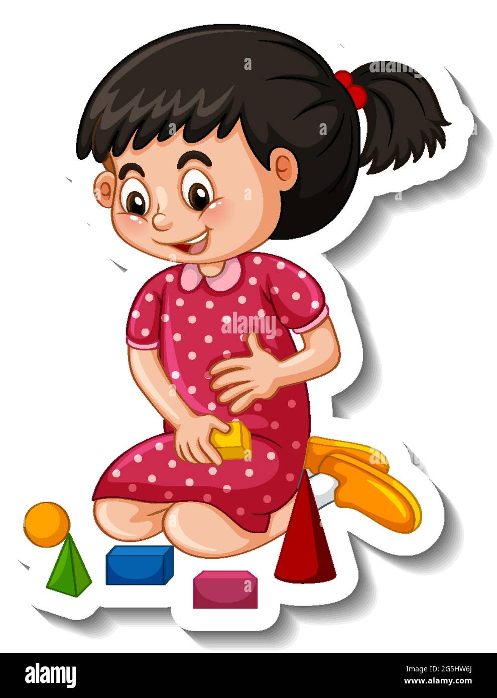 Sticker template with a girl playing with her toy isolated illustration ...
