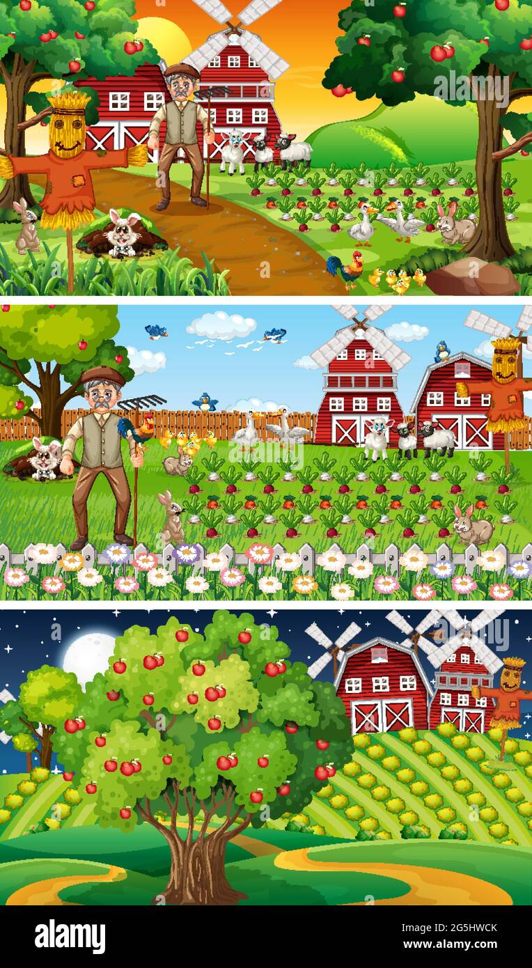 Different farm scenes with old farmer and animal cartoon character ...