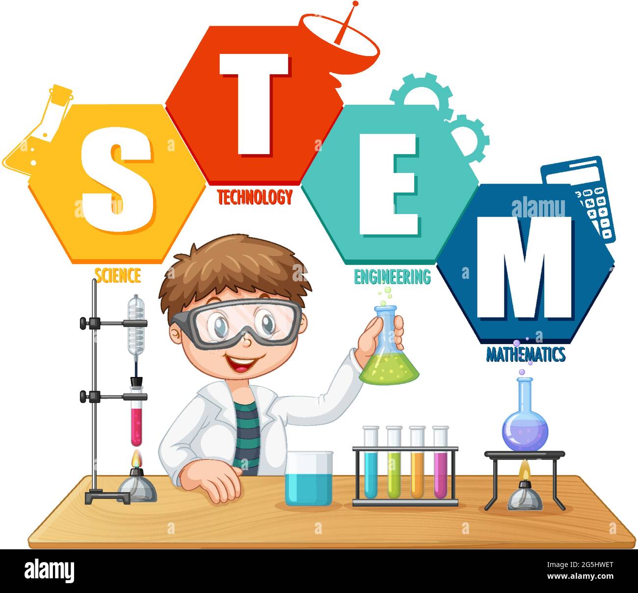 STEM education logo with scientist kid cartoon character illustration ...