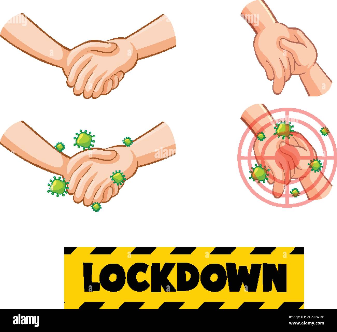 Lockdown font design with virus spreads from shaking hands on white ...