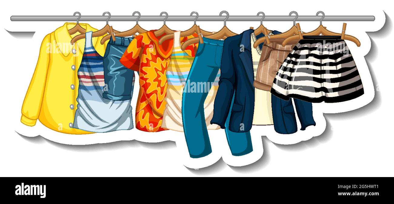 A sticker template of Clothes racks with many clothes on hangers on ...