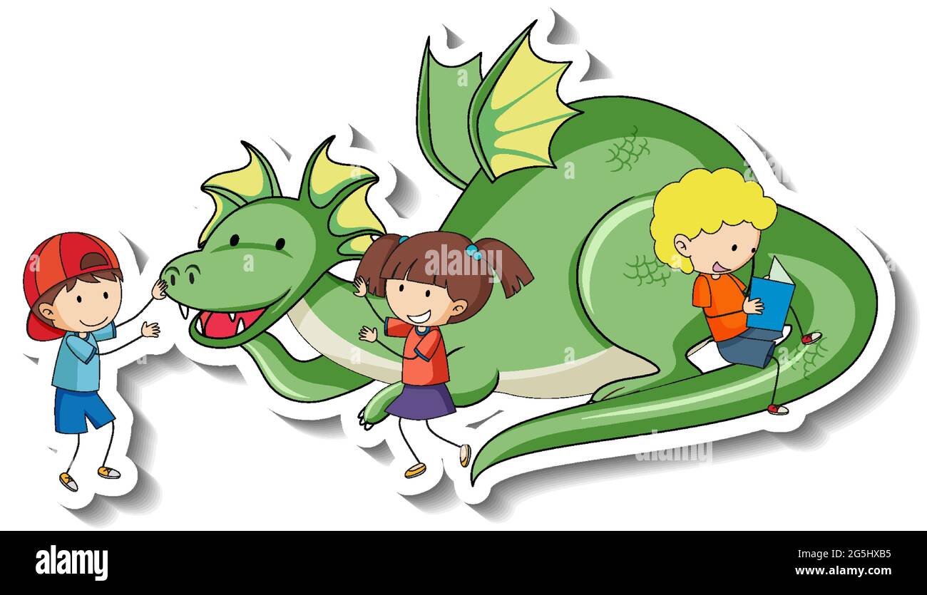 Sticker template with a dragon and many kids isolated illustration ...