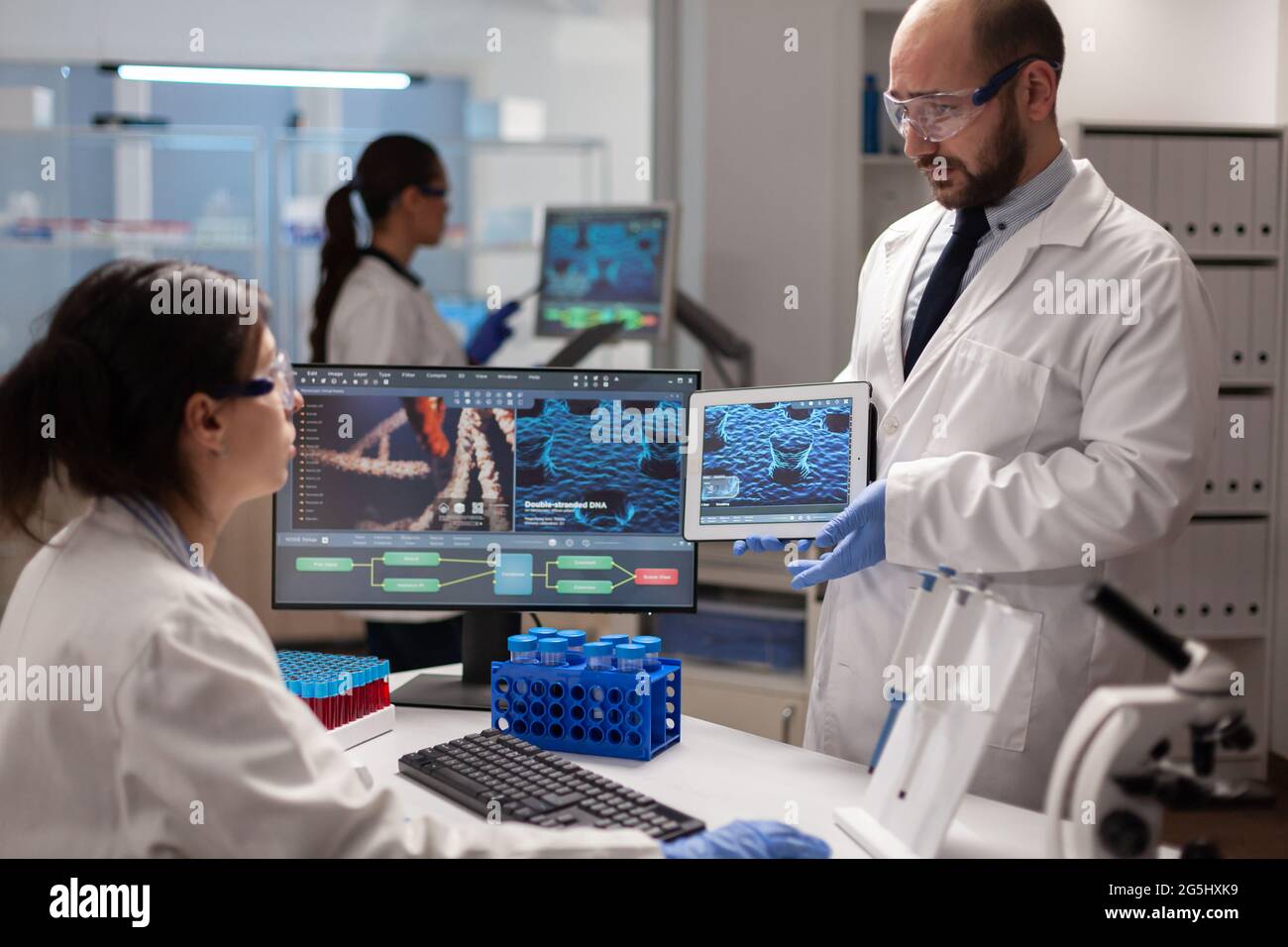 Medical researcher discussing about virus evolution comparing DNA ...