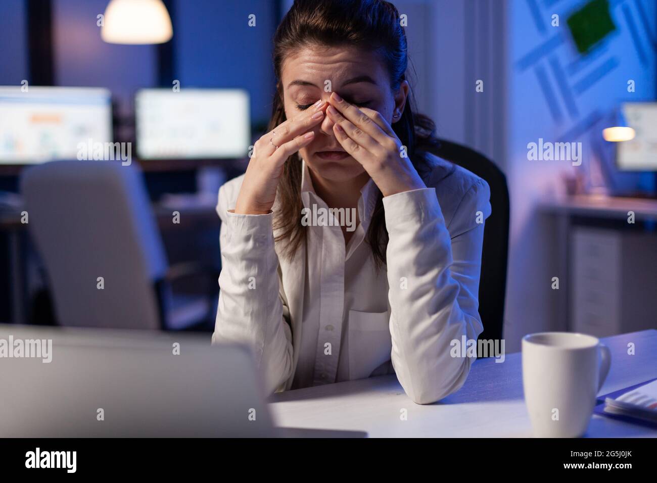 Tired woman fall asleep checking financial analyze late at night in ...