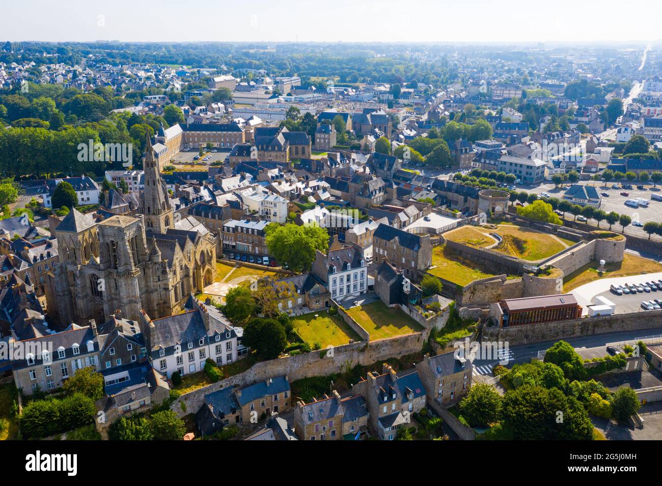 Flight over the city Guingamp and Basilica of Our Lady of Merciful on ...