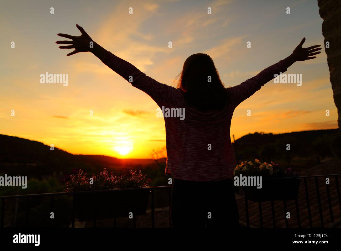 Back view portrait of an excited woman raising arms at sunset in nature ...