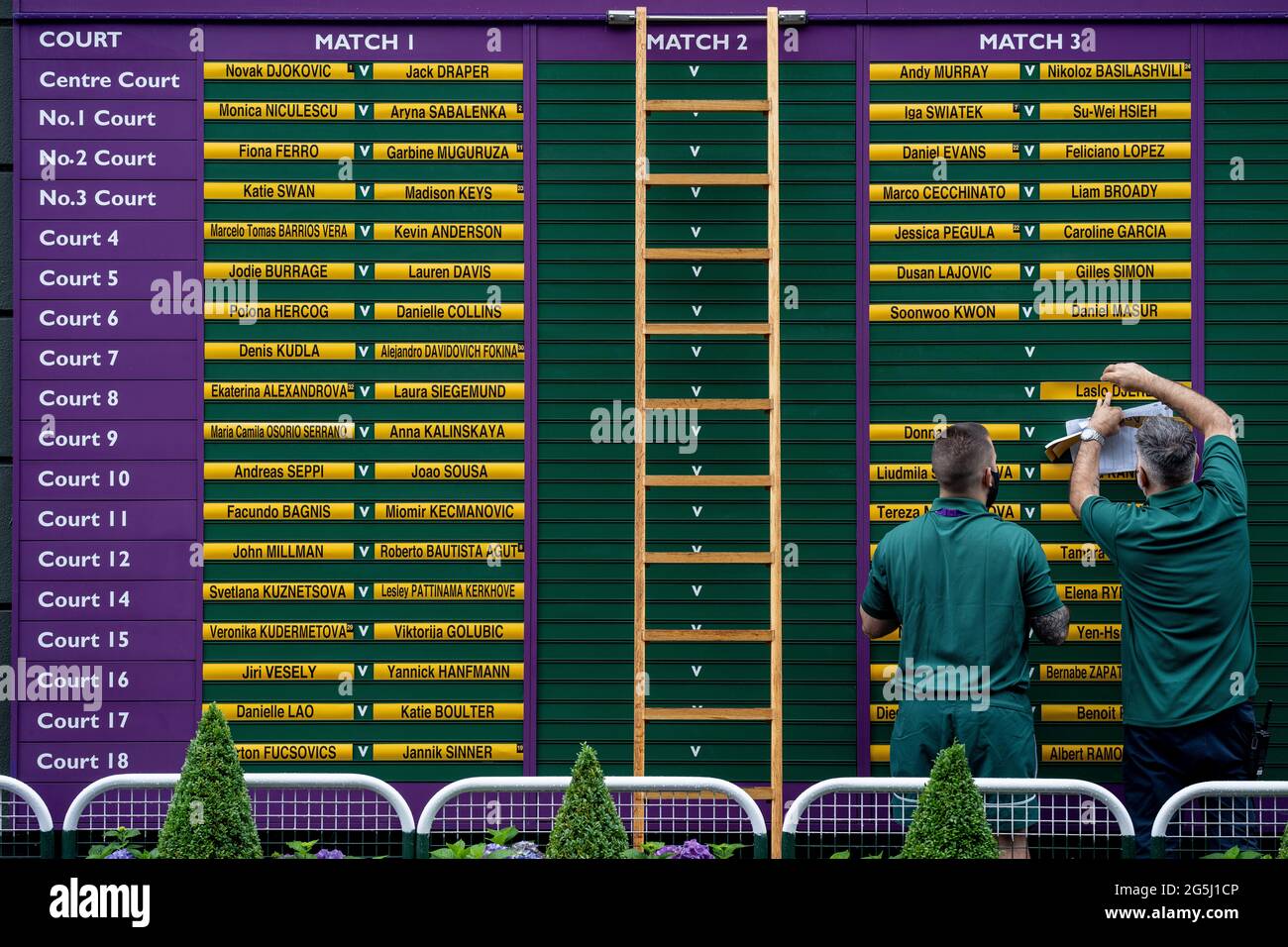 Stewards set the scoreboard on day one of Wimbledon at The All England ...
