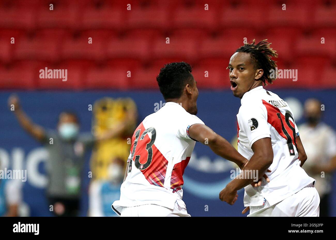 BRASILIA, BRAZIL - JUNE 27: Andre Carrillo of Peru celebrates with his ...