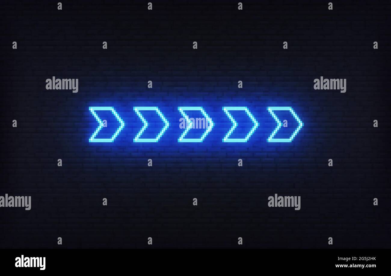 Neon arrow sign. Set of blue glowing neon arrow pointer on brick wall ...
