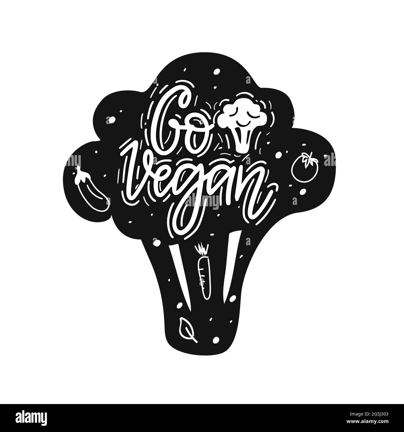 Go vegan fun broccoli vector hand-written lettering calligraphy eco ...