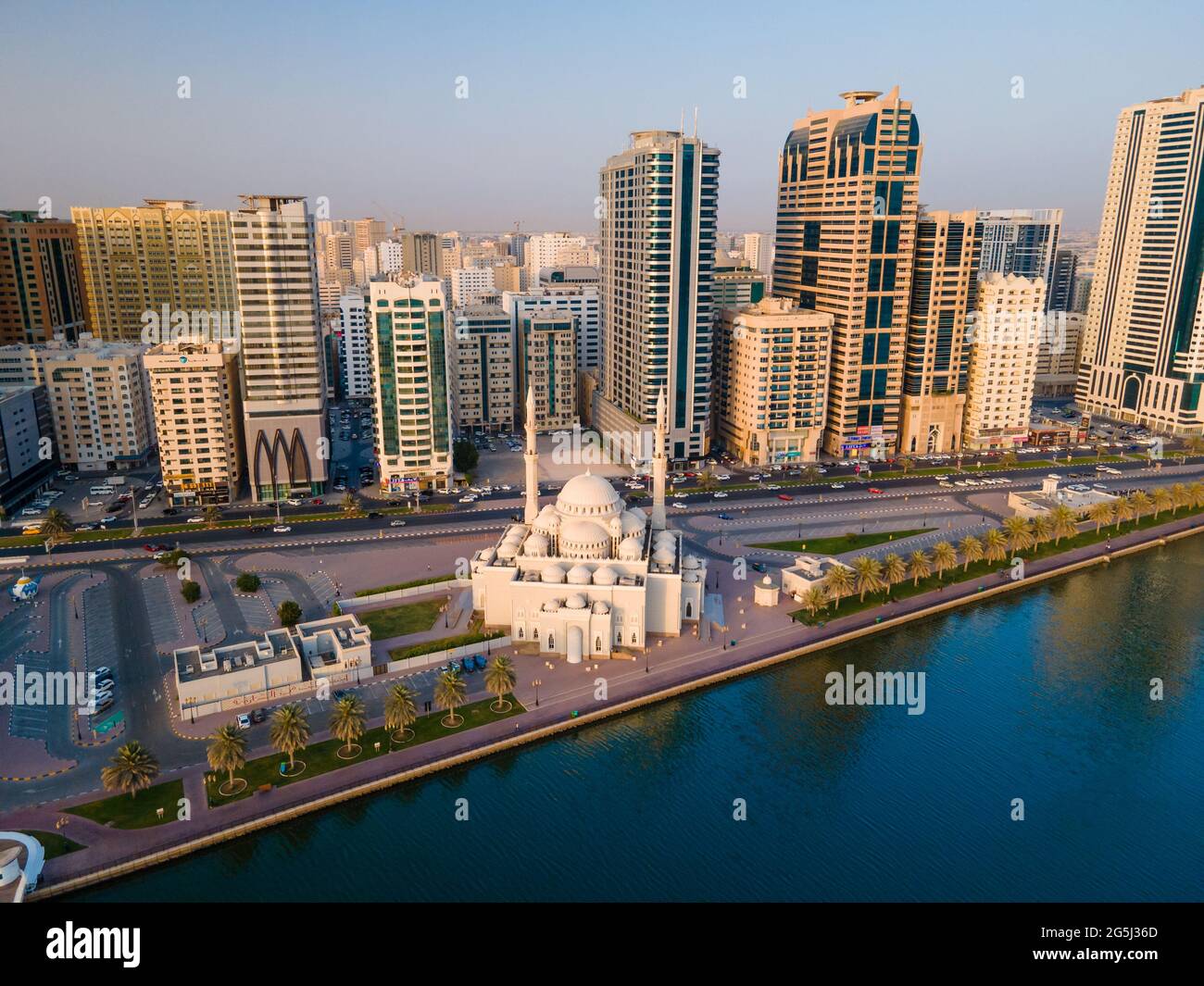 Aerial view of Sharjah Emirate of the United Arab Emirates above Al ...