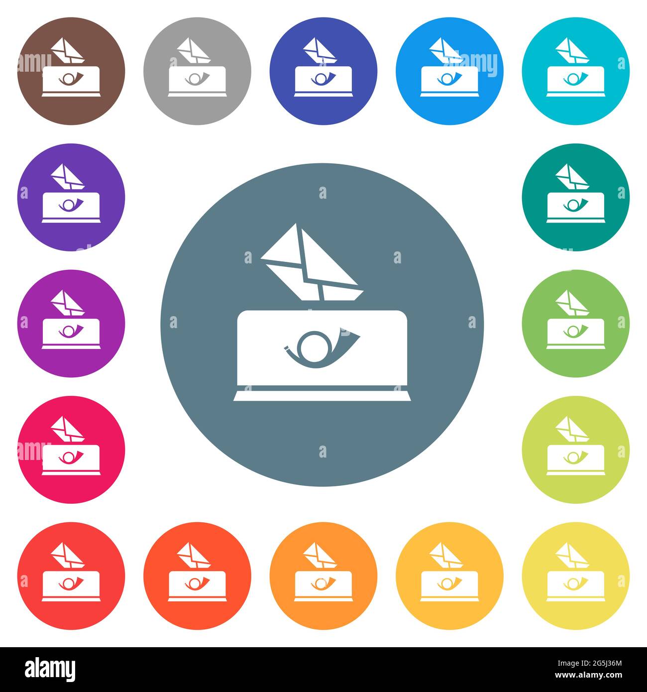 Sending mail solid flat white icons on round color backgrounds. 17 ...